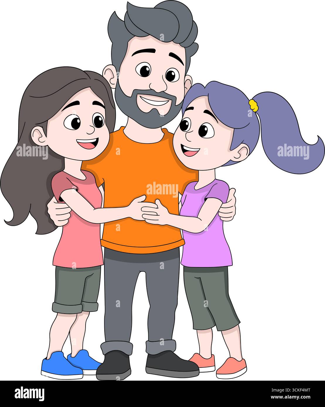 Cartoon illustration of a happy father hugging his two daughters ...