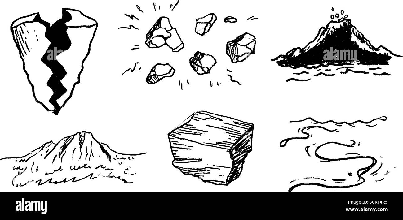 Black and white sketch collection of earthquake and geological elements ...