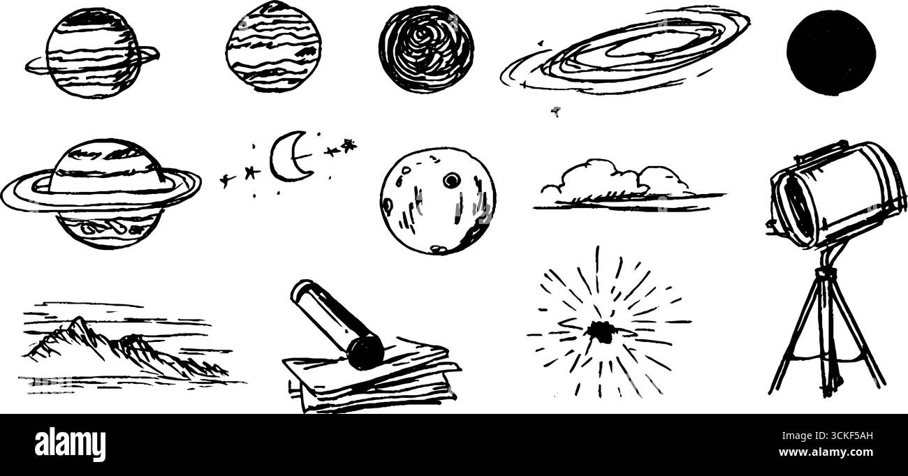 Hand-drawn black and white space sketches of planets, telescopes, and ...