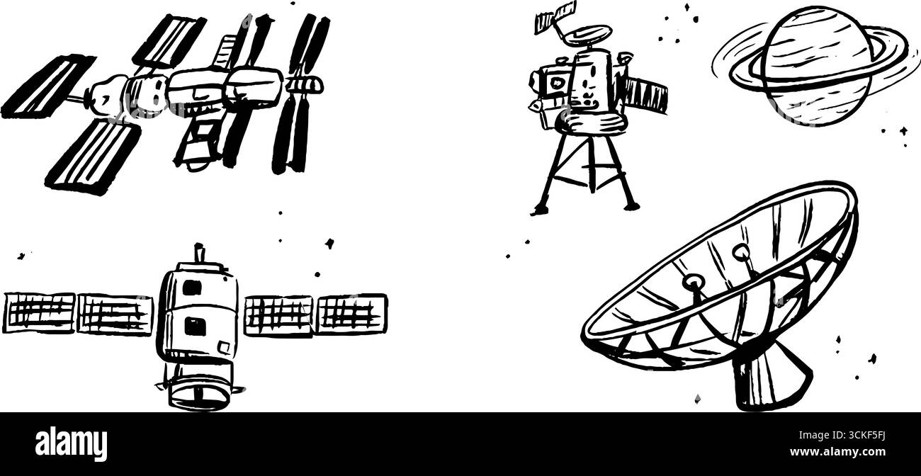 Black and white sketch illustration set of space exploration objects ...