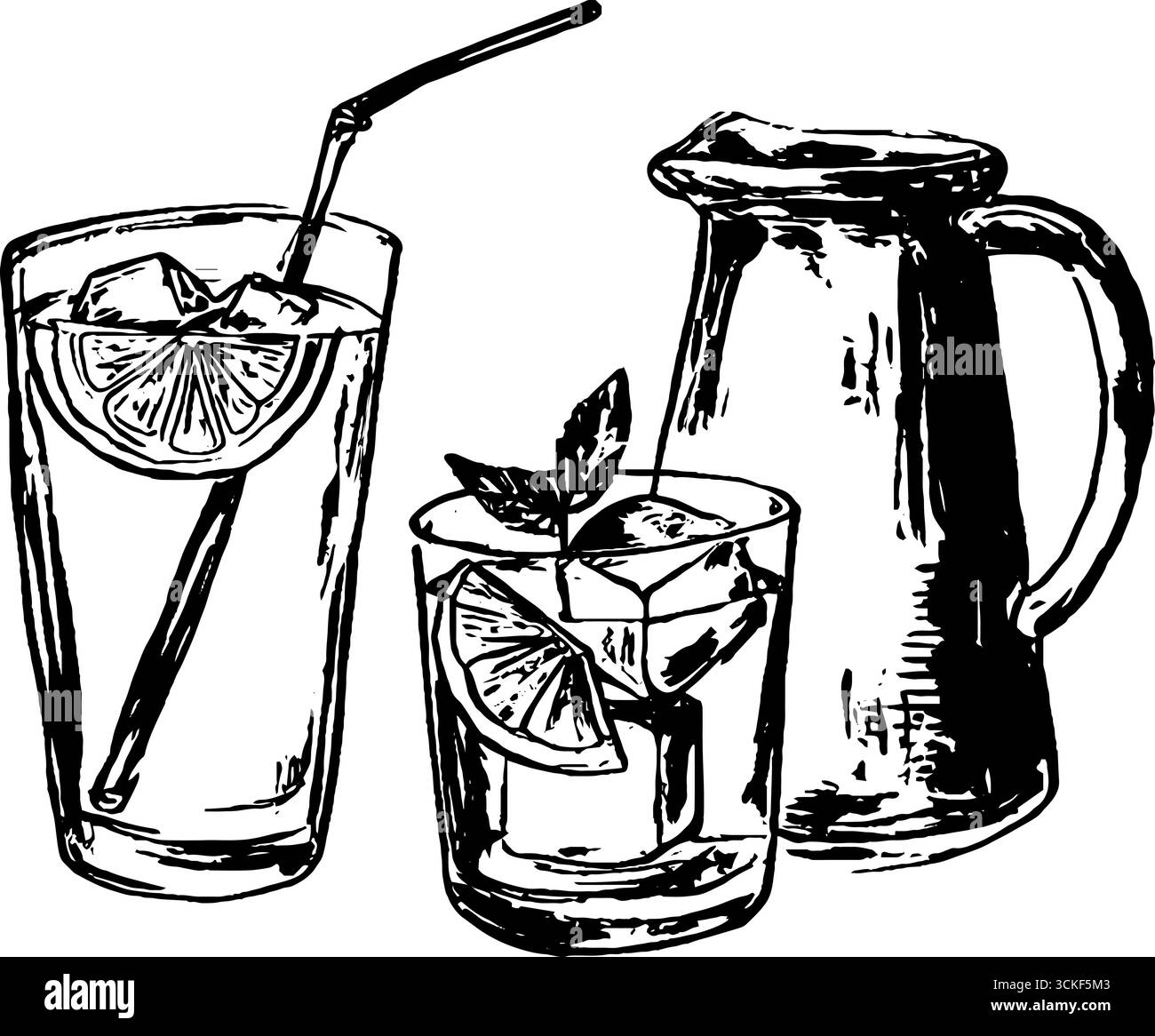 Black and white sketch illustration set of lemonade glasses and pitcher ...