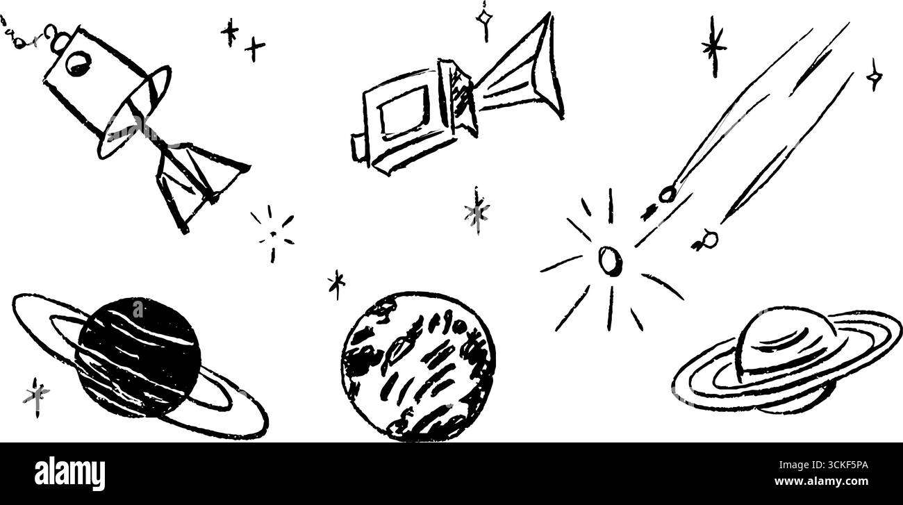 Black and white space exploration sketch set with planets and rockets ...