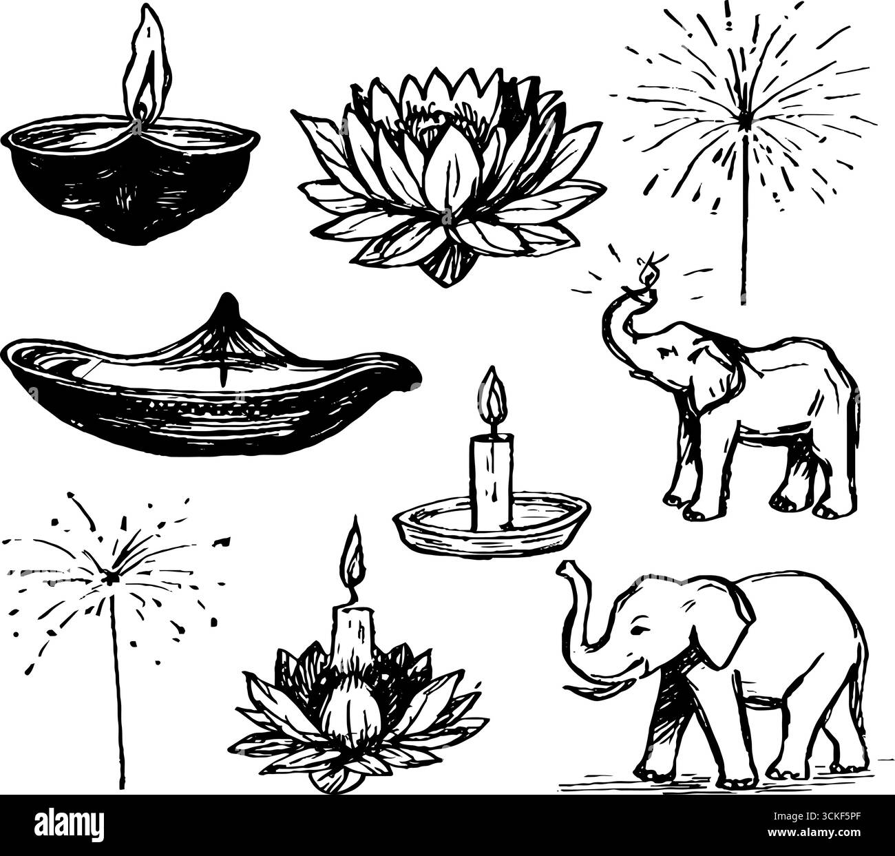 Diwali celebration sketches: diyas, lotus, elephants, and sparklers ...