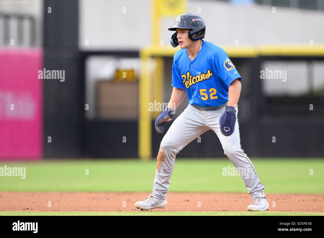 Kane Kepley (52) of the Myrtle Beach Pelicans takes his lead off of second base during a ...