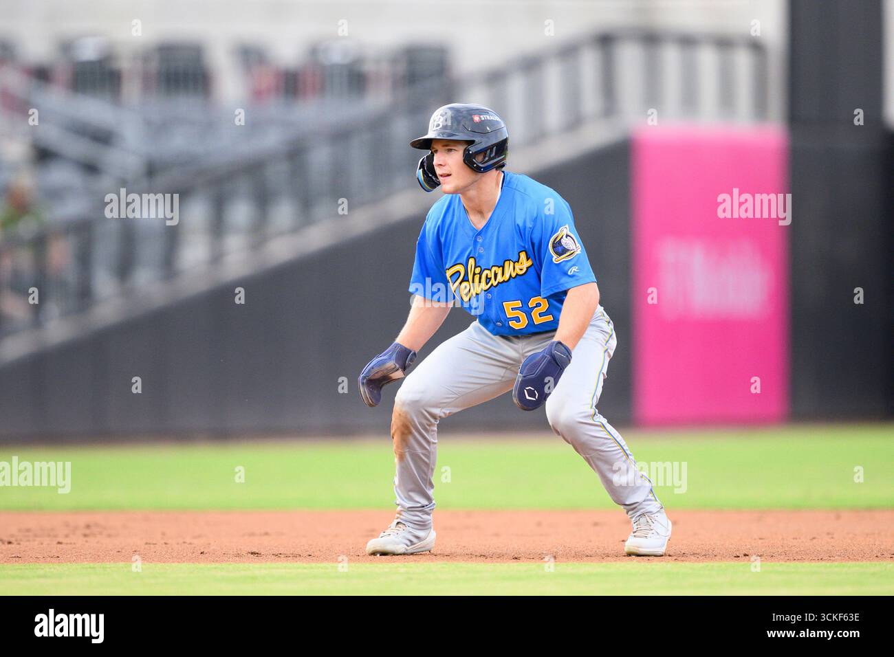 Kane Kepley (52) of the Myrtle Beach Pelicans takes his lead off of second base during a ...