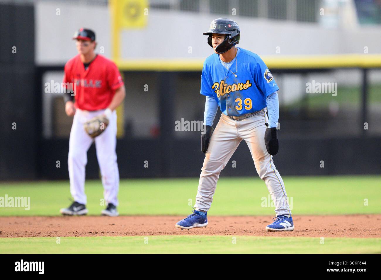 Ty Southisene (39) of the Myrtle Beach Pelicans takes his lead off of second base during a ...