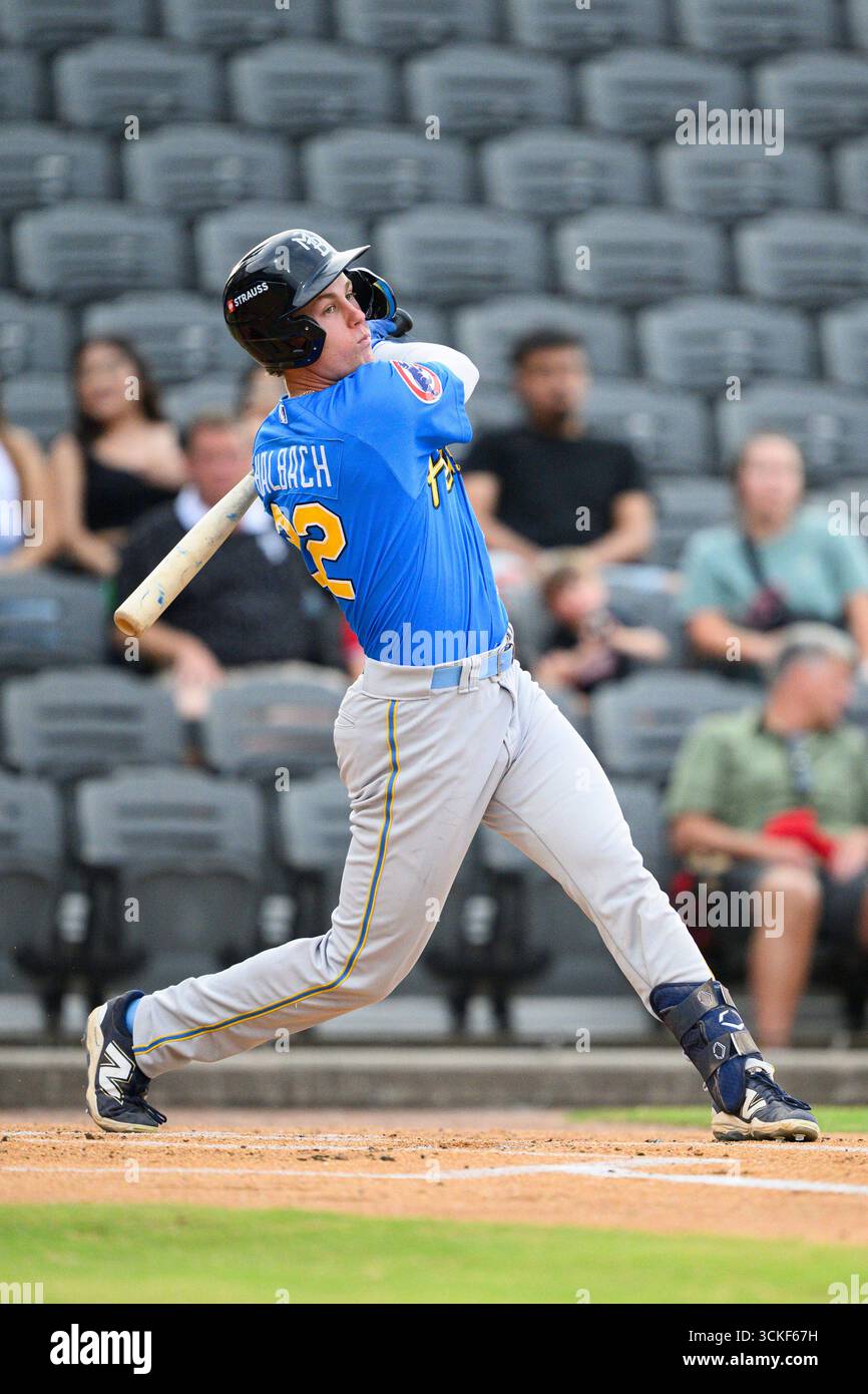 Matt Halbach (22) of the Myrtle Beach Pelicans at bat during a Carolina League baseball game ...