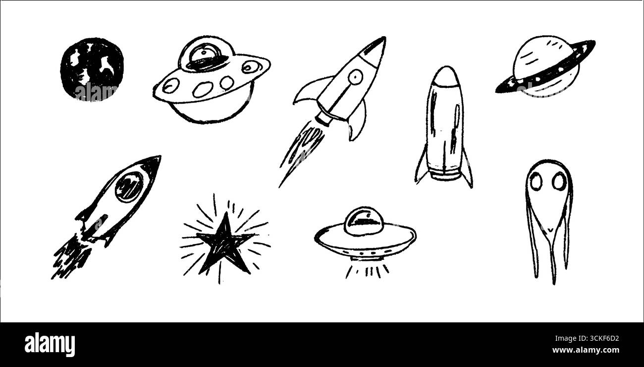 Black and white hand-drawn sketch set of rockets and space themes for ...