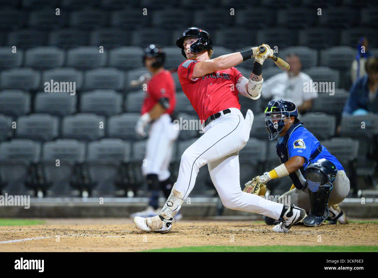 Ethan Frey (9) of the Fayetteville Woodpeckers at bat during a Carolina ...