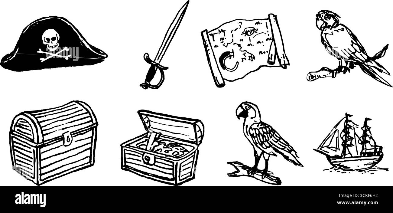 Black and white pirate theme sketch set featuring hat, sword, map ...
