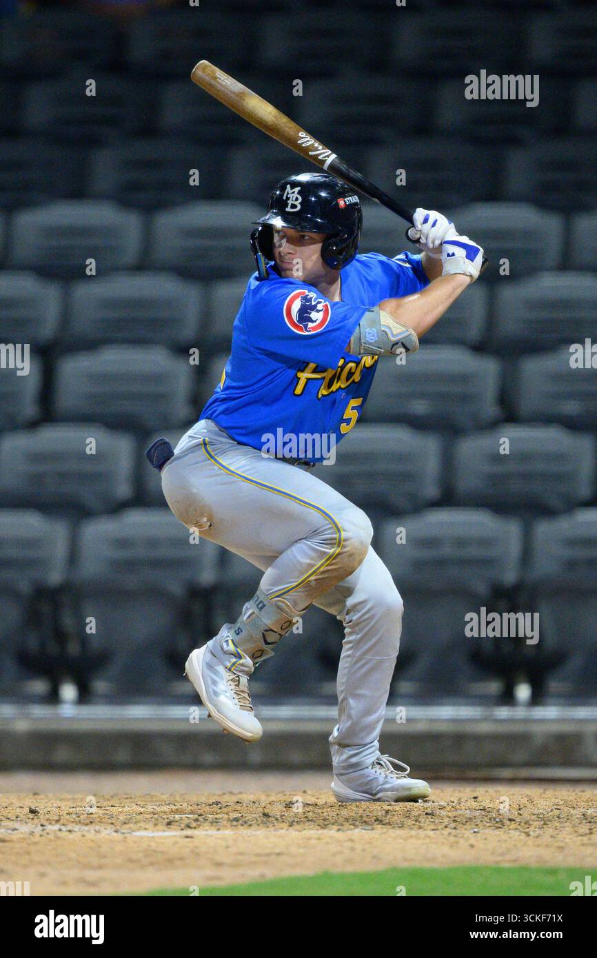 Kane Kepley (52) of the Myrtle Beach Pelicans at bat during a Carolina League baseball game ...
