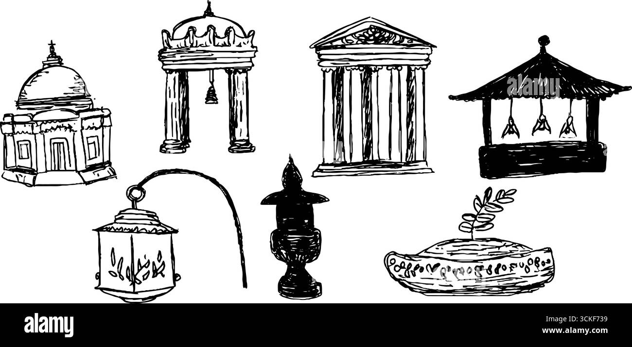Hand drawn sketch collection of temples and lanterns for cultural art ...