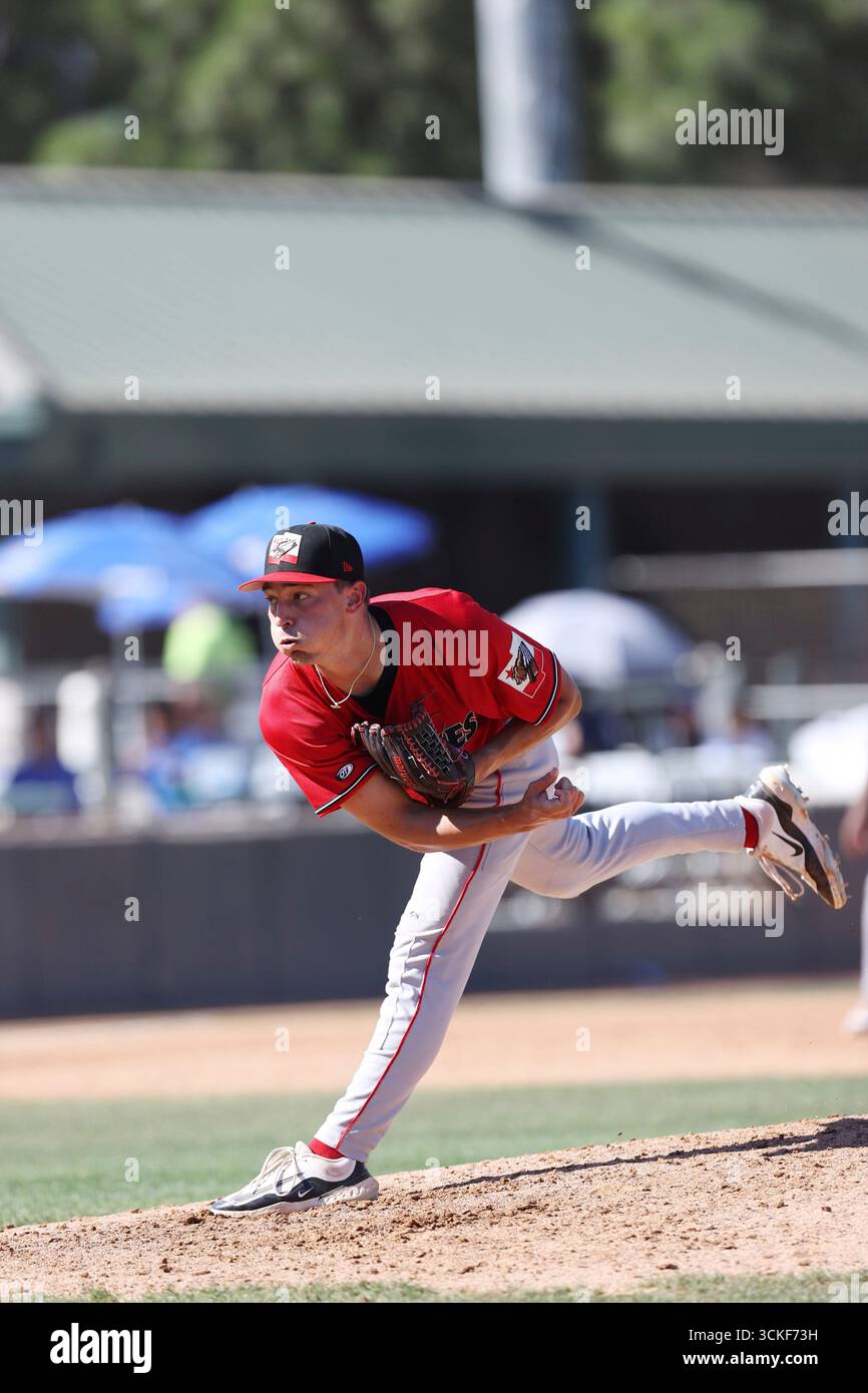 Zach Harris (22) of the Fresno Grizzlies pitches against the Rancho ...