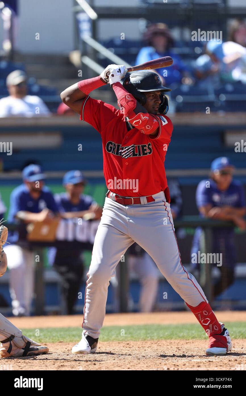 Robert Calaz (8) of the Fresno Grizzlies bats against the Rancho ...
