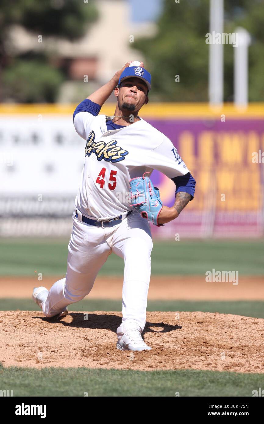 Luis Carias (45) of the Rancho Cucamonga Quakes pitches against the ...