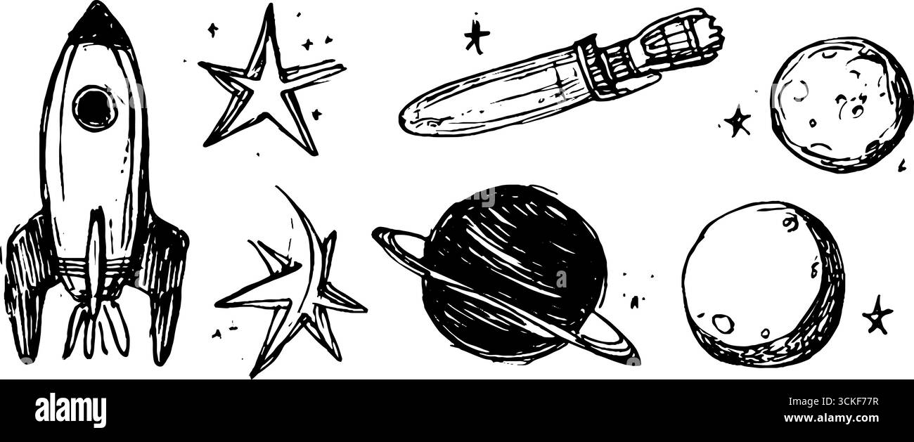 Hand-drawn rocket and space objects sketch set for science and ...