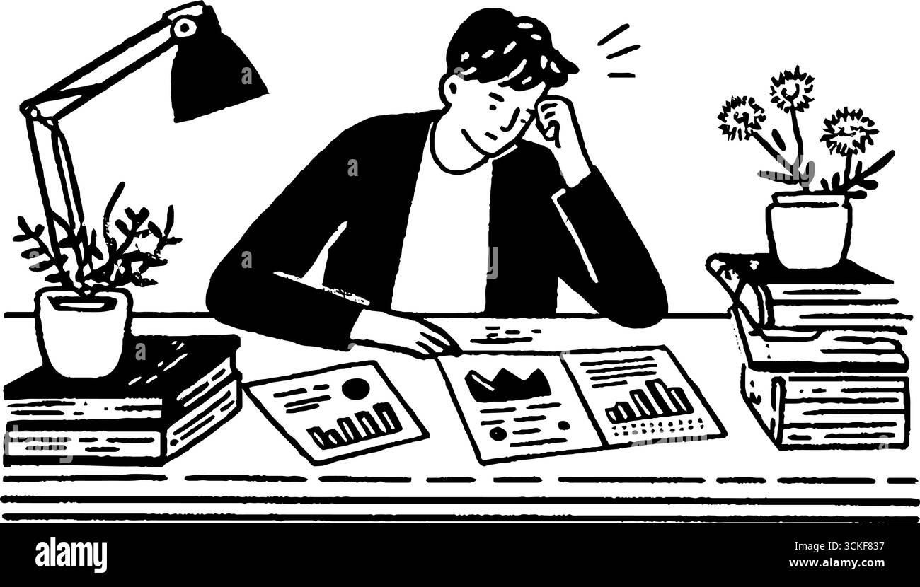 Minimalistic black and white illustration of a busy office scene with ...