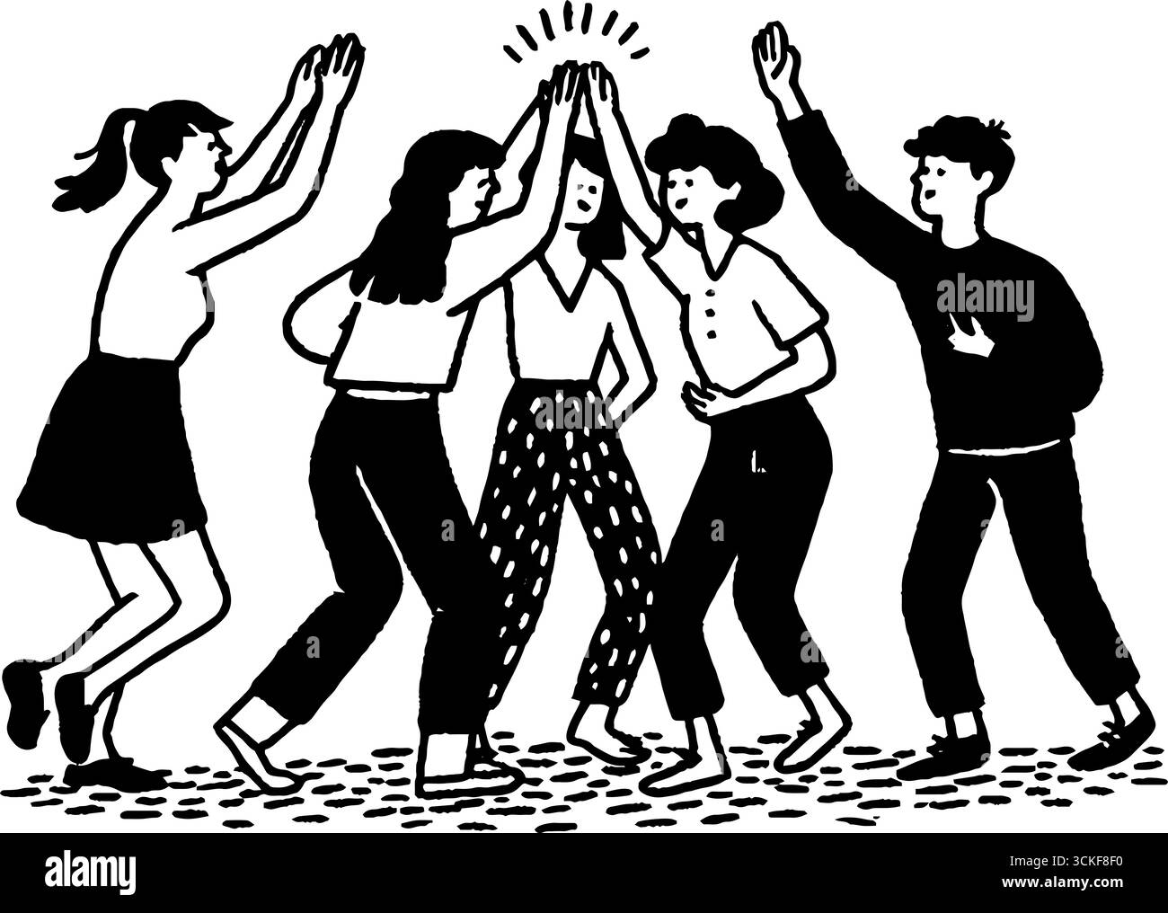 Minimalist black and white illustration of group high-five celebration ...