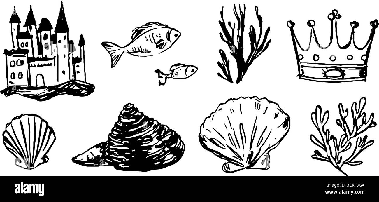 Black and white sketch set of underwater and marine elements for design ...