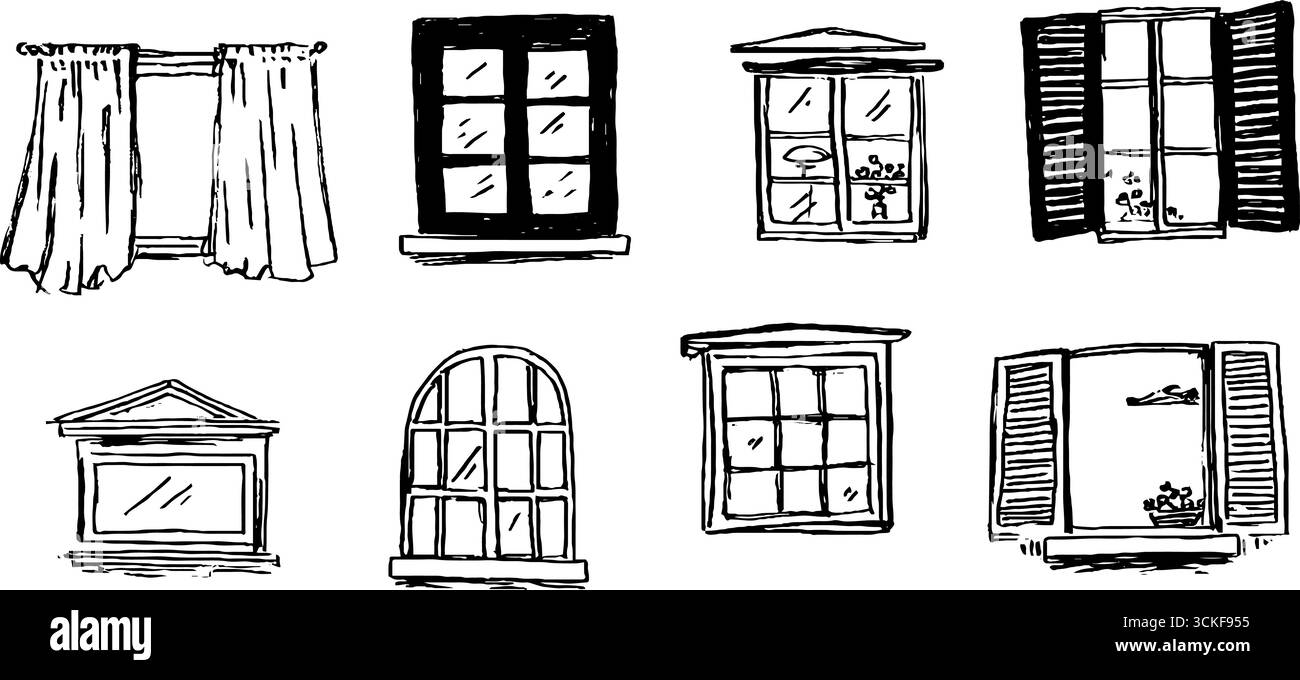 Hand drawn black and white sketch collection of windows for design ...