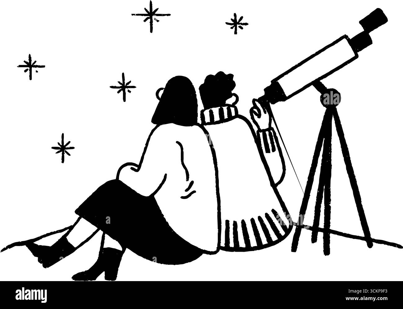 Minimalistic black and white illustration of stargazing couple with ...