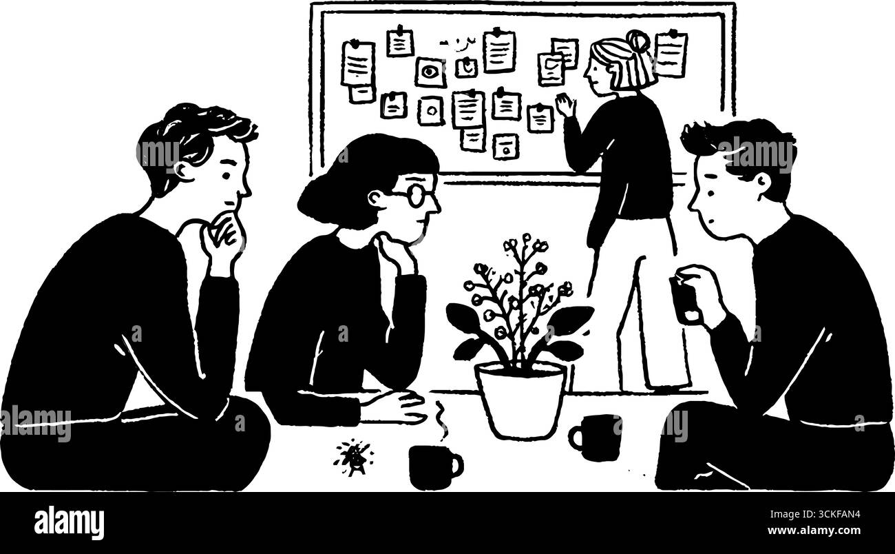 Minimalistic black and white illustration of a team collaboration in ...
