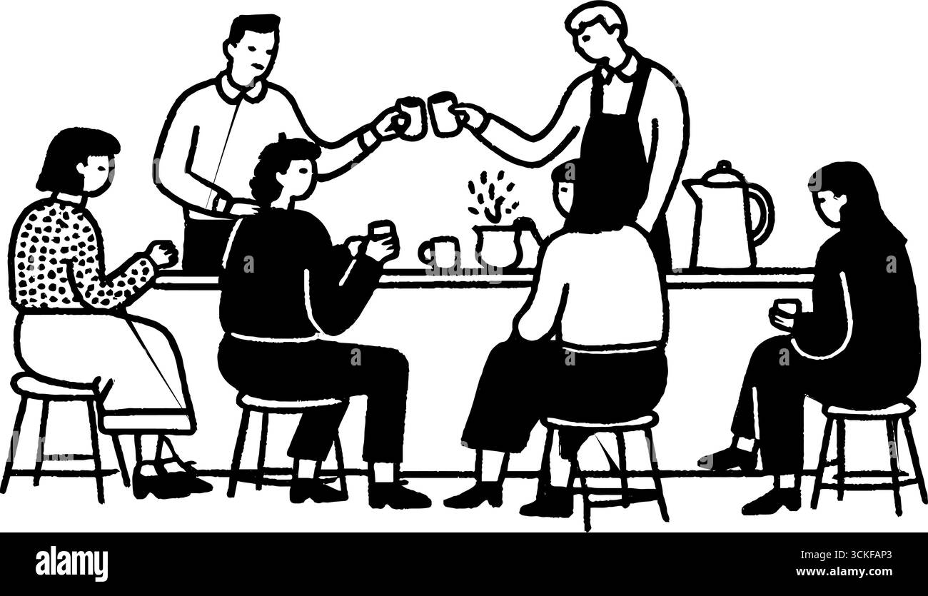 Minimalistic black and white illustration of people socializing in cafe ...