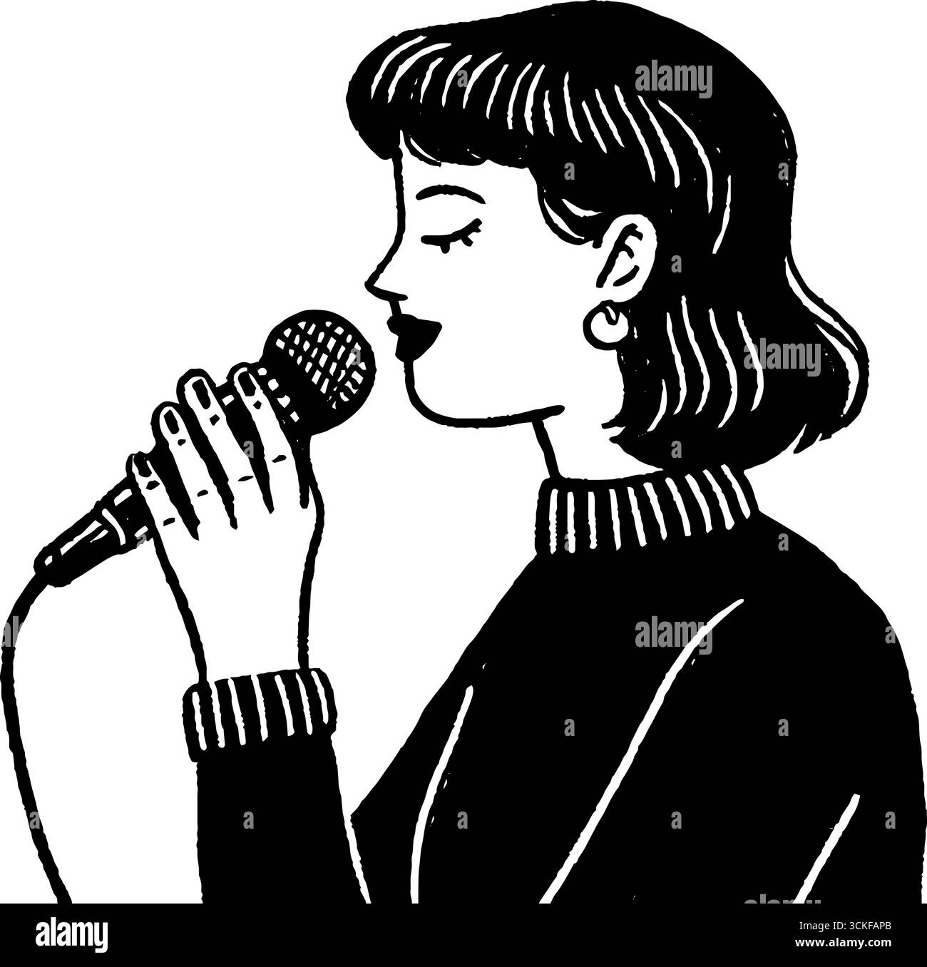 Minimalistic black and white portrait of a girl singing with microphone ...