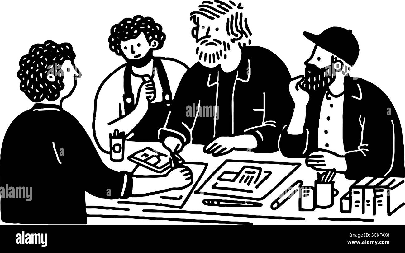 Minimalistic black and white illustration of engineers in a ...
