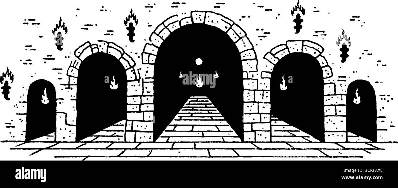 Minimalistic black and white illustration of mysterious arched ...