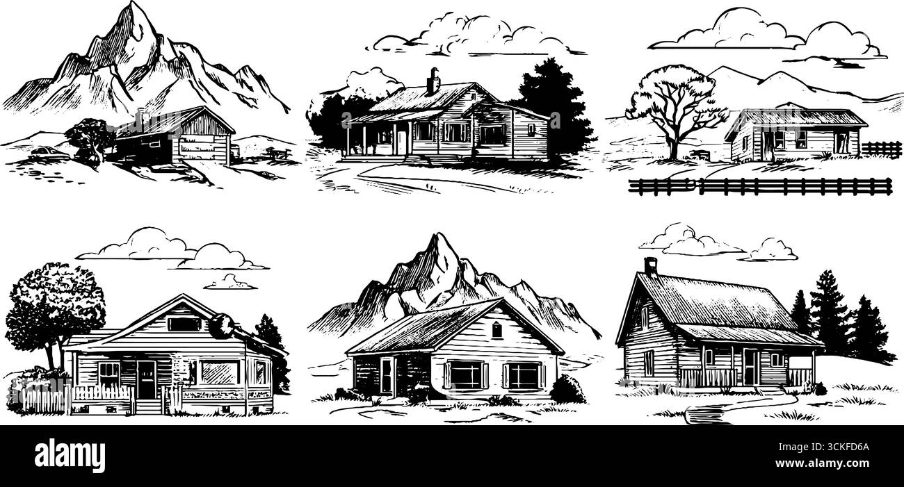 Collection of rustic cabins and mountain landscapes in vintage sketch ...