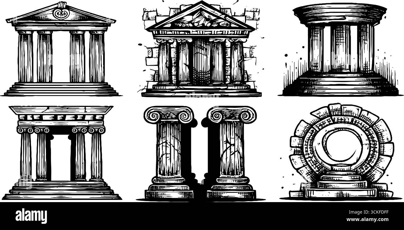 Classical architectural columns and ancient structures illustrations ...