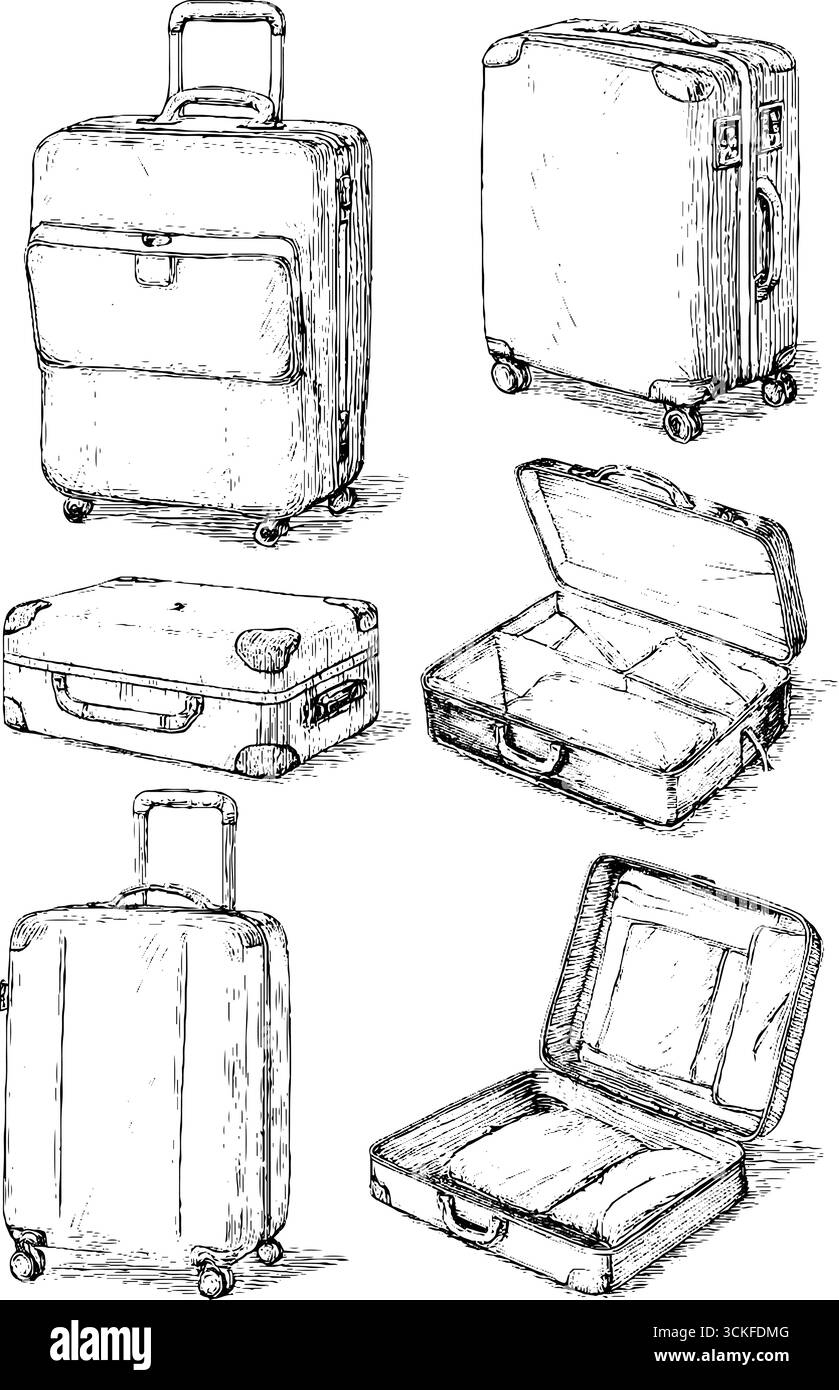 Vintage suitcase collection: detailed sketches of classic luggage ...