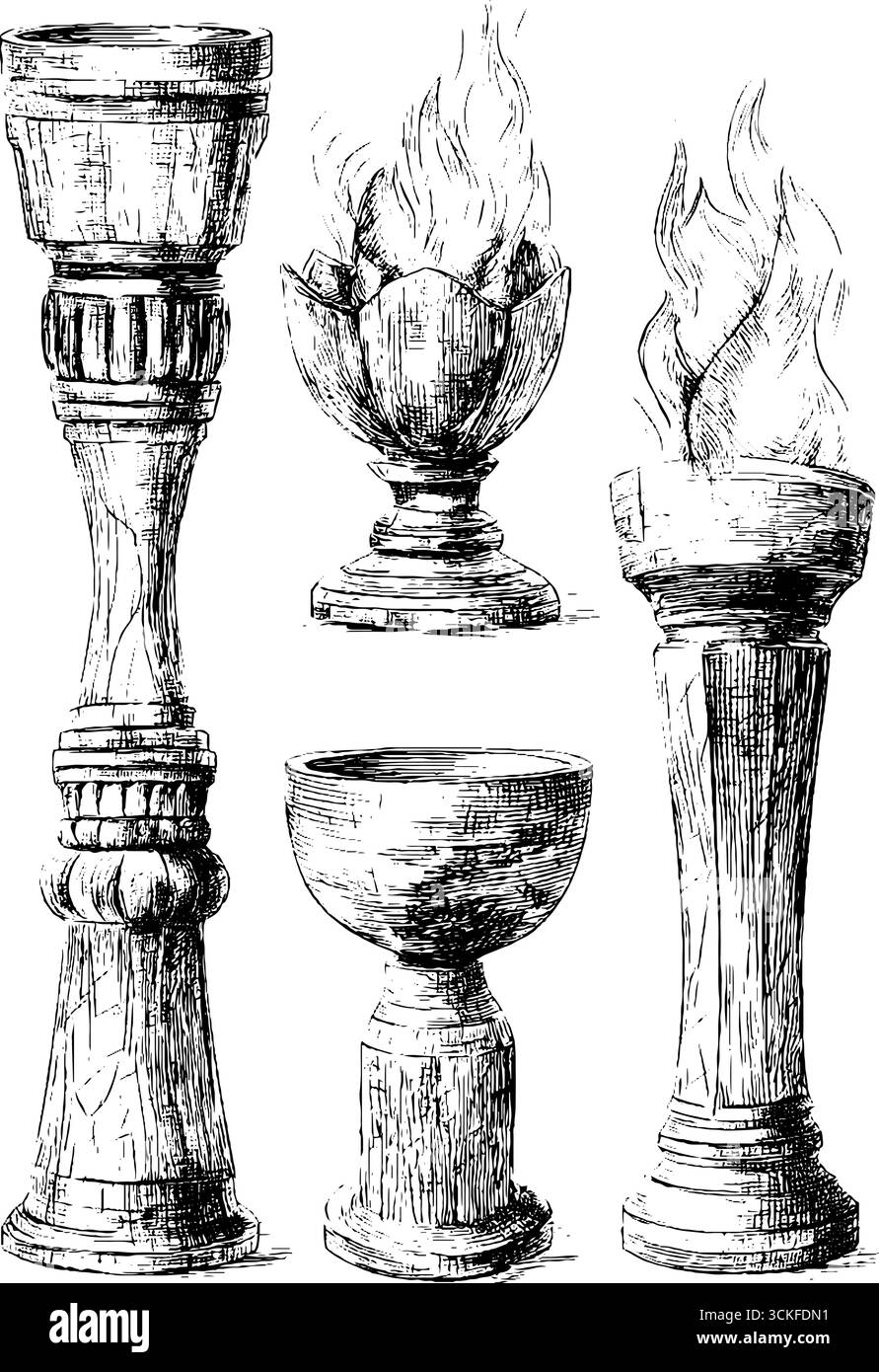 Hand-drawn torch and goblet illustrations with flames Stock Vector ...