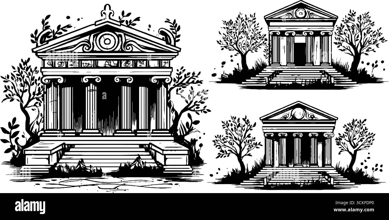 Ancient greek temples with columns and tree illustrations in black and ...