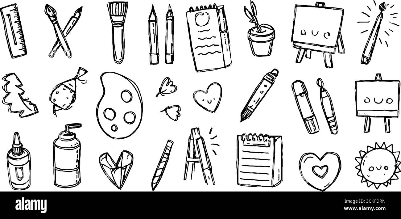 Creative doodle set of artist tools with paintbrushes and palette for ...