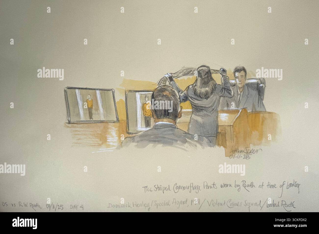 This courtroom sketch shows a pair of striped camouflage pants ...