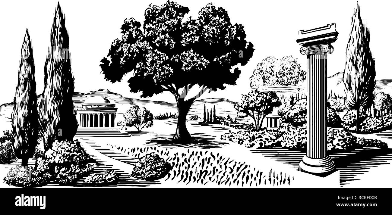 Ancient greek landscape with ruins and trees in black and white ...