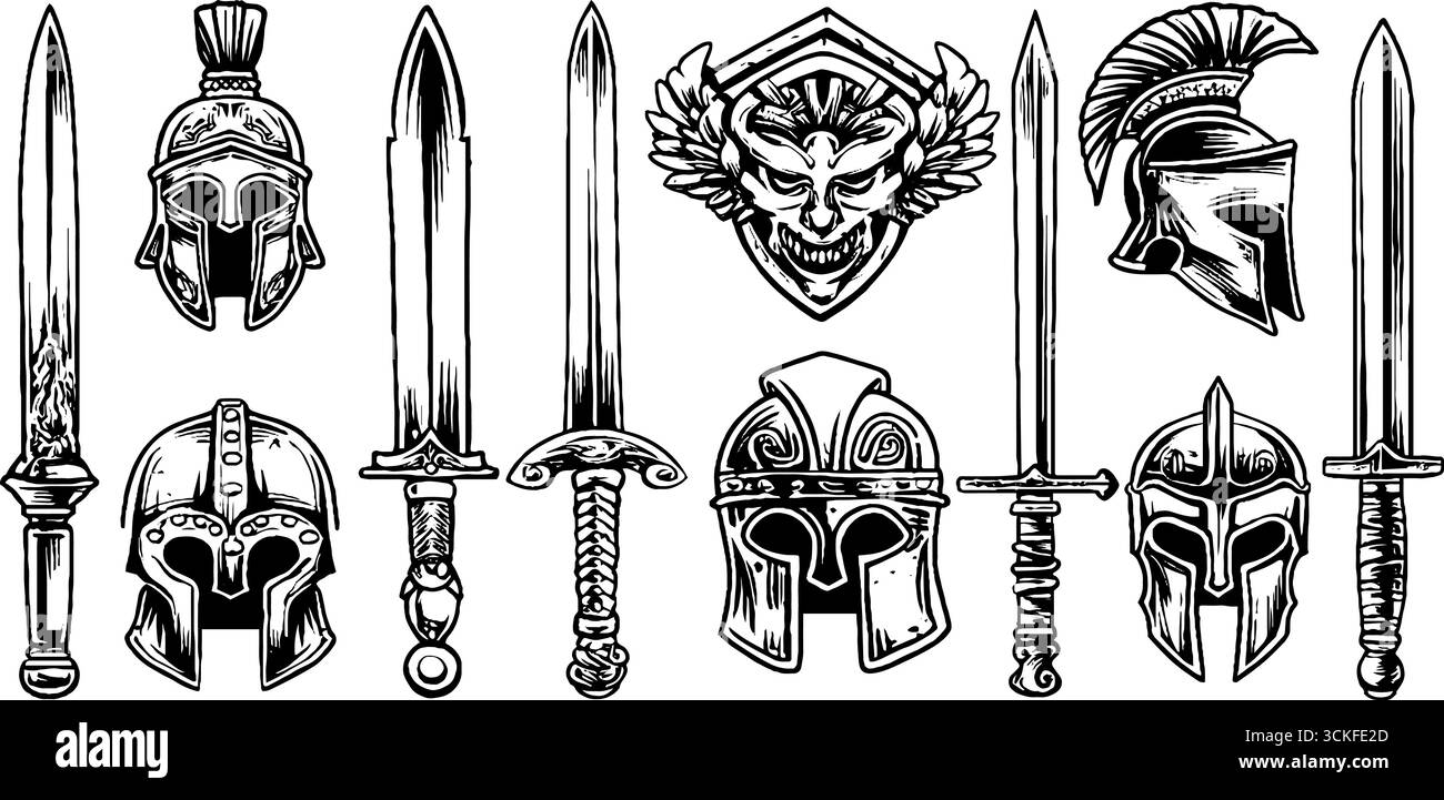 Ancient greek and roman helmets and swords with decorative elements ...