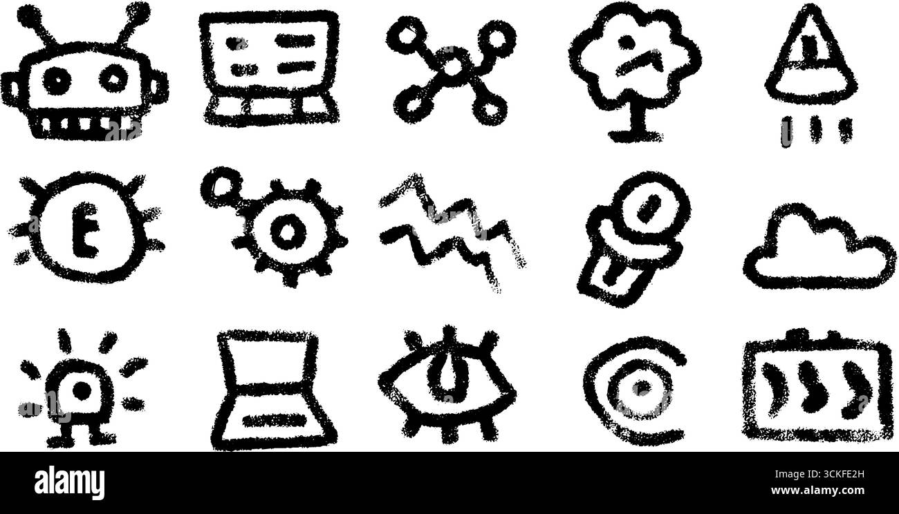 Creative doodle set of ai icons featuring robot faces and brain chips ...