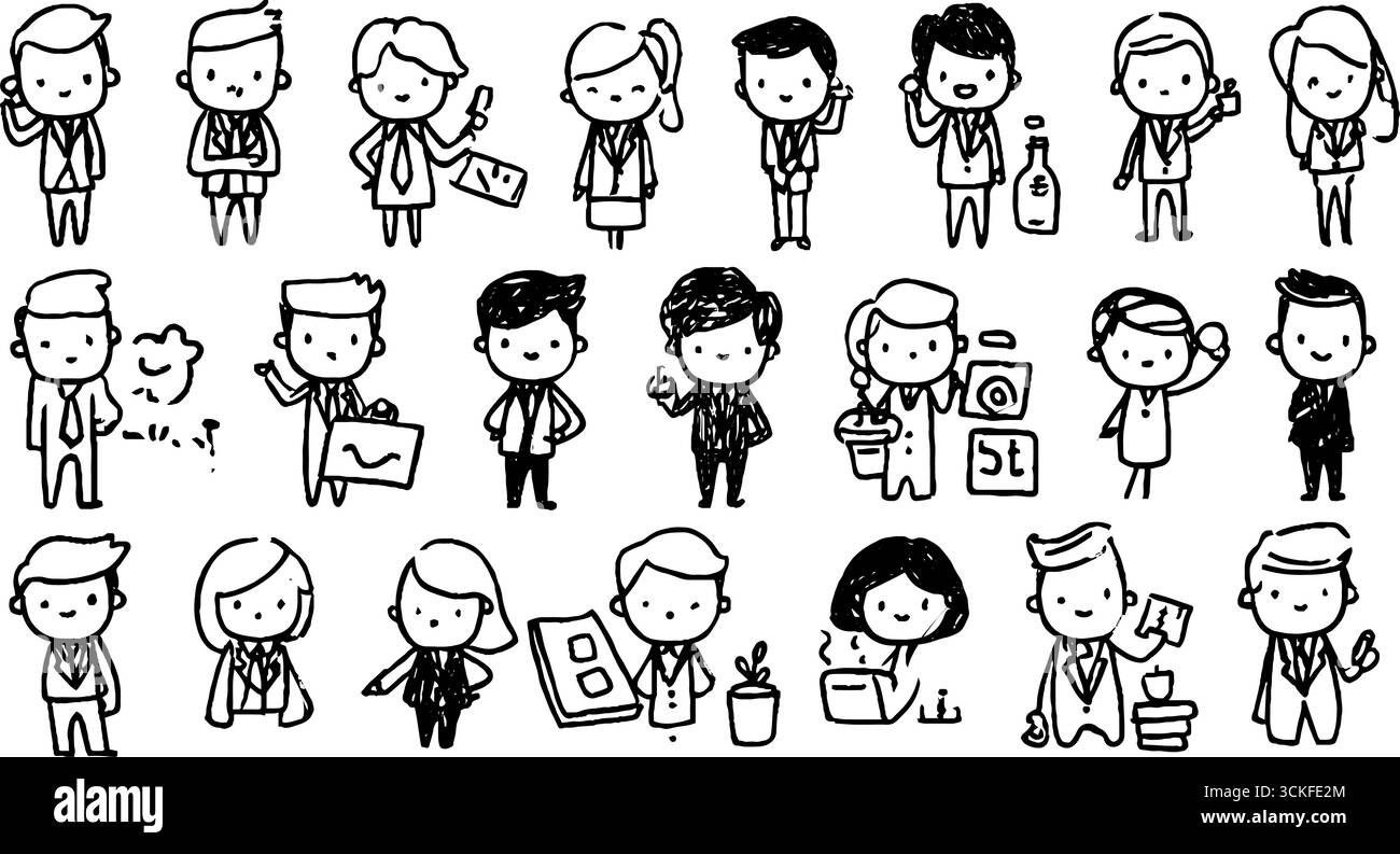 Charming doodle set of business people manager and boss for ...