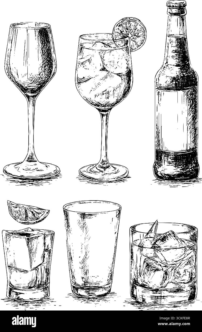 Hand-drawn sketches of various glassware and bottles with drinks and ...