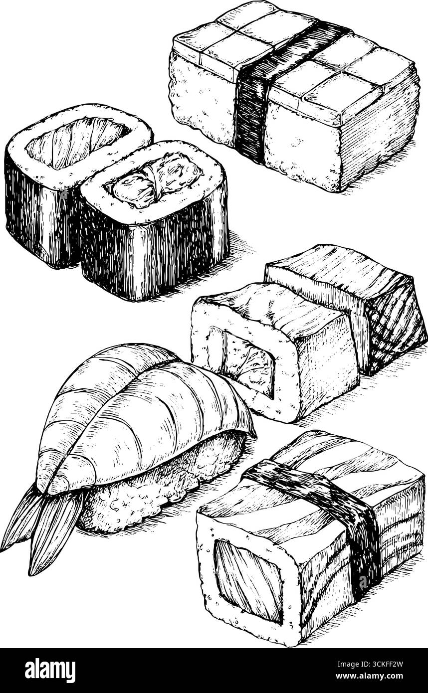 Hand-drawn sushi sketches depicting nigiri and maki rolls Stock Vector ...