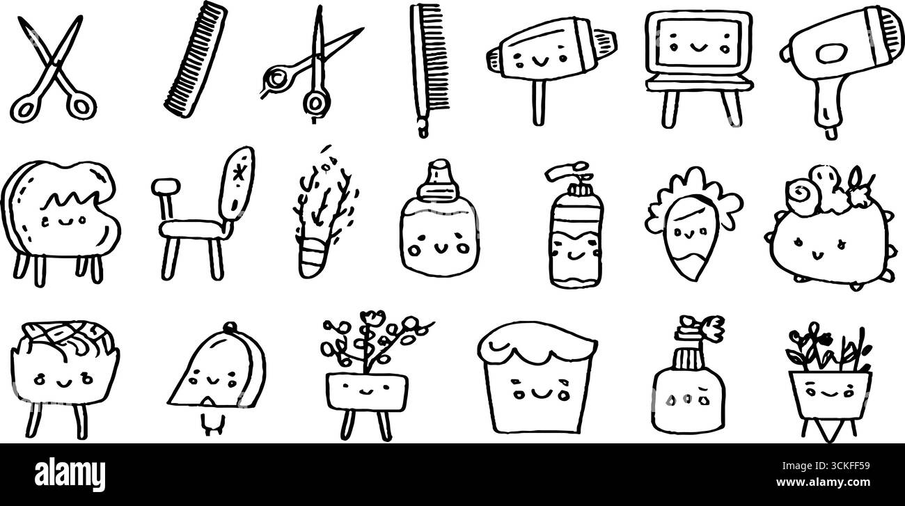 Cute doodle set of hair salon tools and accessories with playful ...