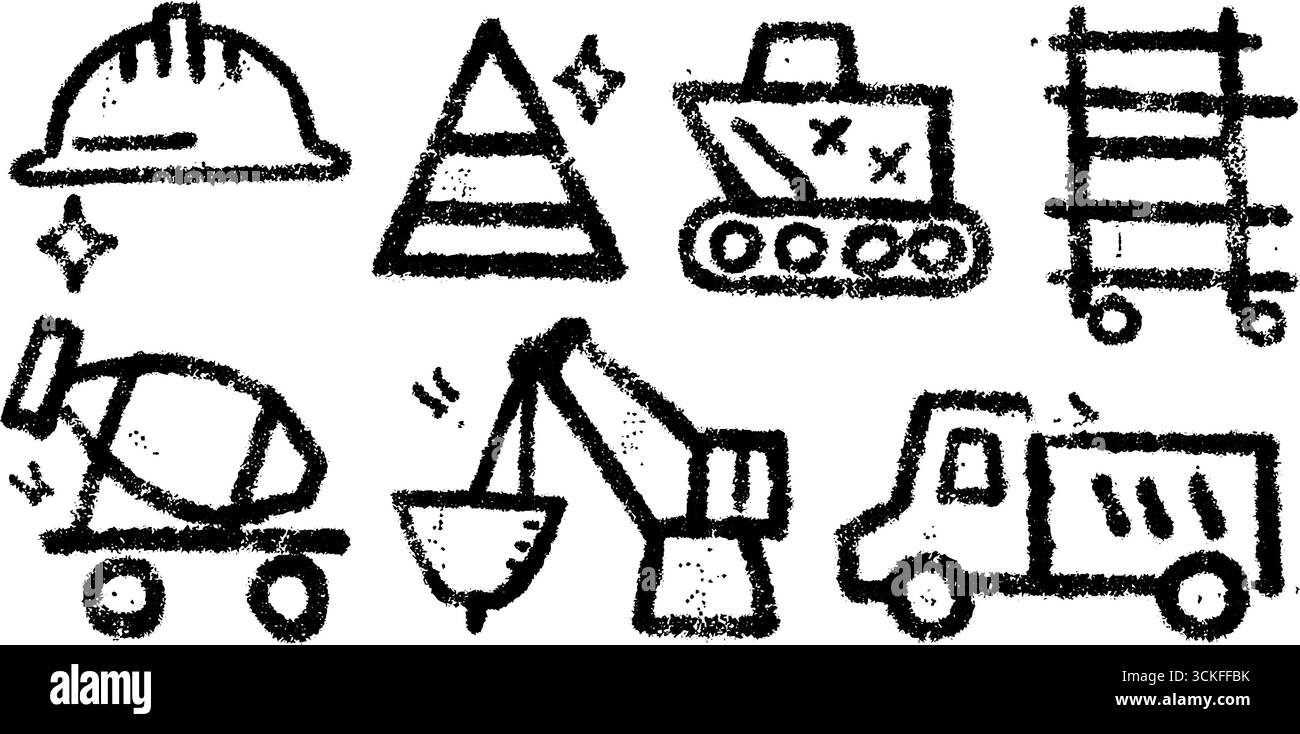 Charming doodle set of construction icons featuring helmet, crane, and ...