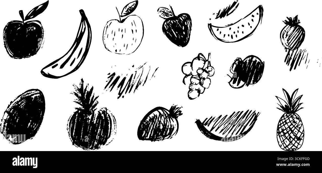 Hand-drawn sketch set of various fruits including apple, banana, pear ...