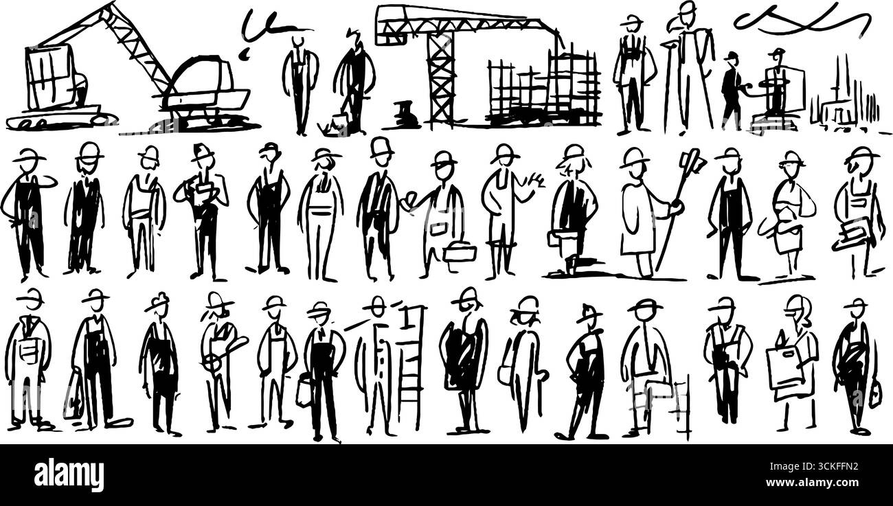 Doodle sketch of construction workers and equipment for design and ...