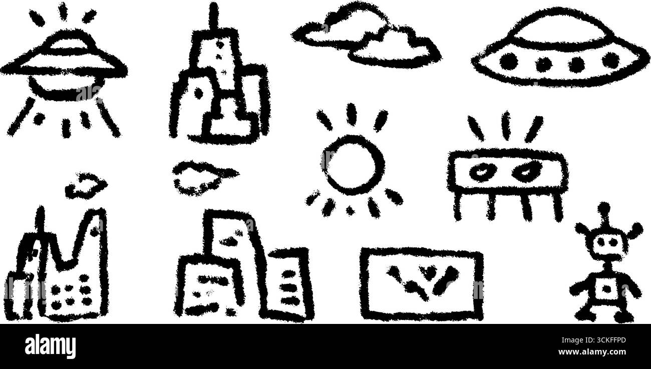 Futuristic doodle set of cyber city, skyscrapers, and neon signs for ...
