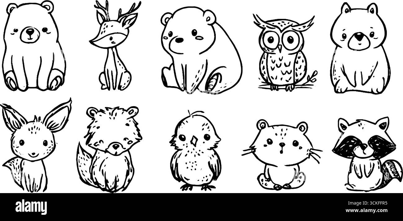 Charming doodle set of forest animals including bear and deer for kids ...