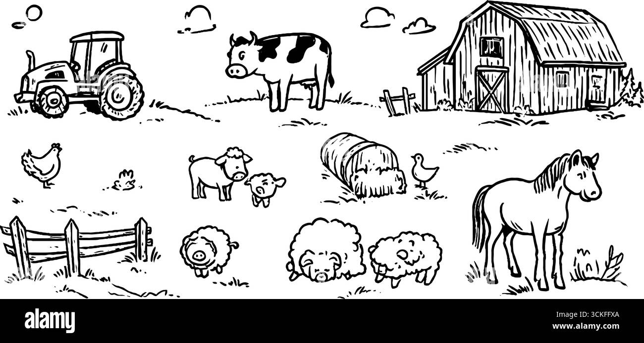 Hand drawn doodle set of farm life with tractor barn cow and animals ...